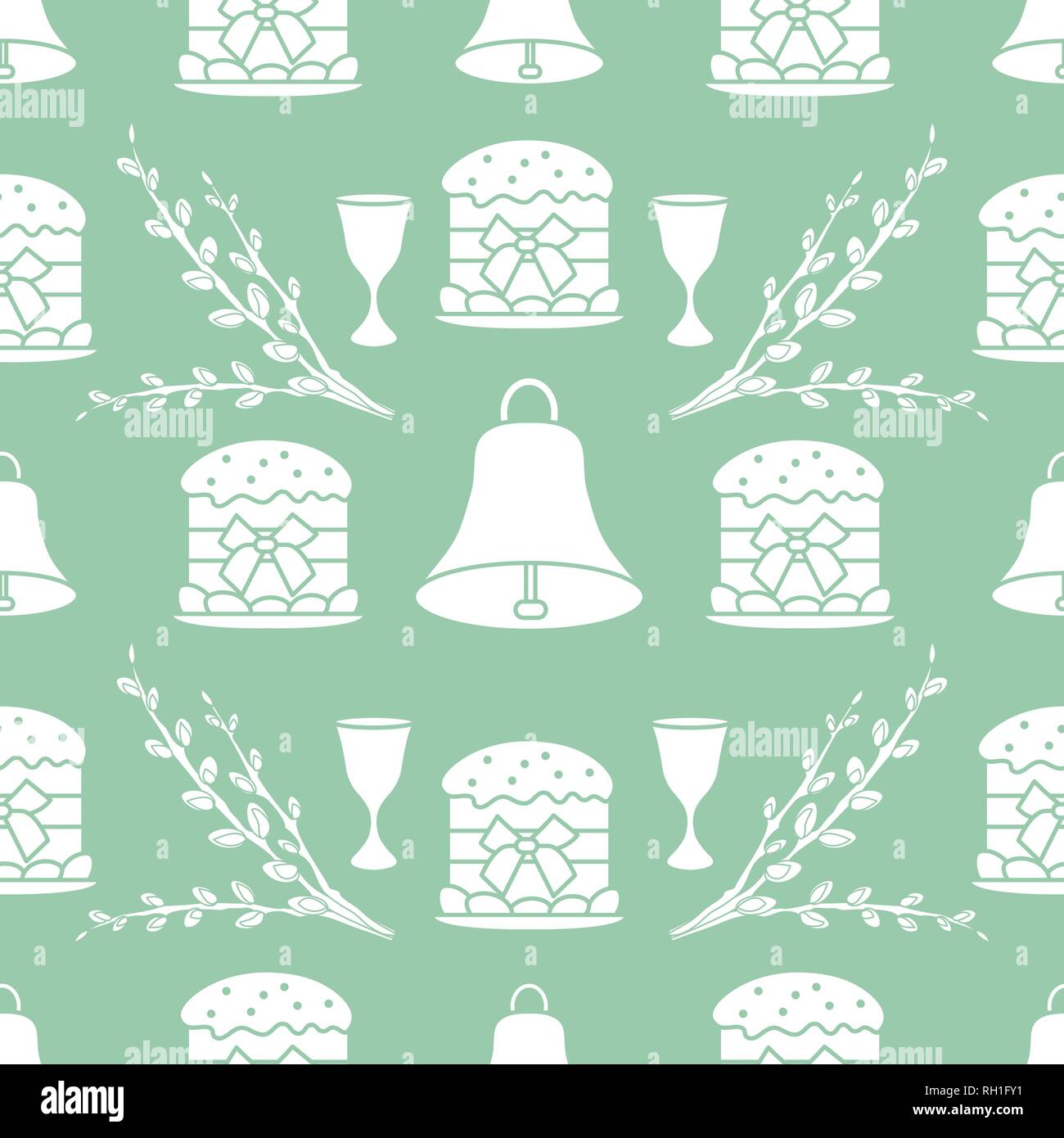 Seamless pattern with Easter cakes, willow branches, bells, wine glasses. Happy Easter. Festive ...