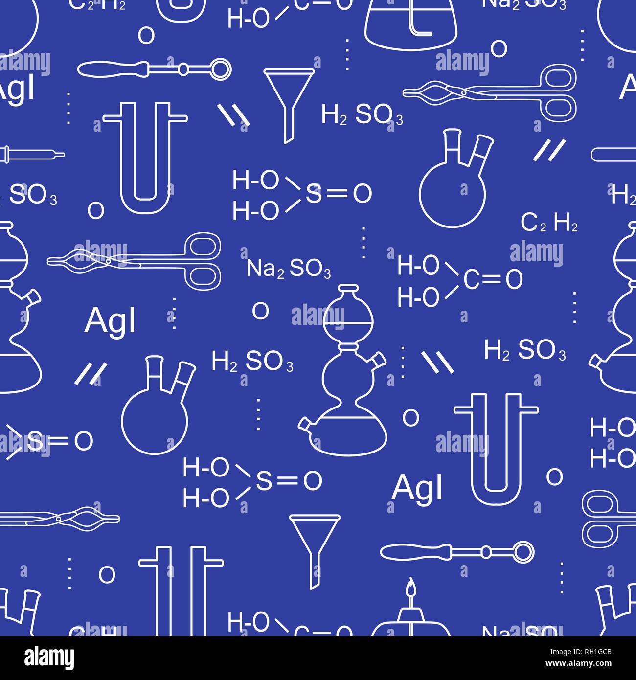 Scientific vector seamless pattern with flasks, burners, funnels, tools ...
