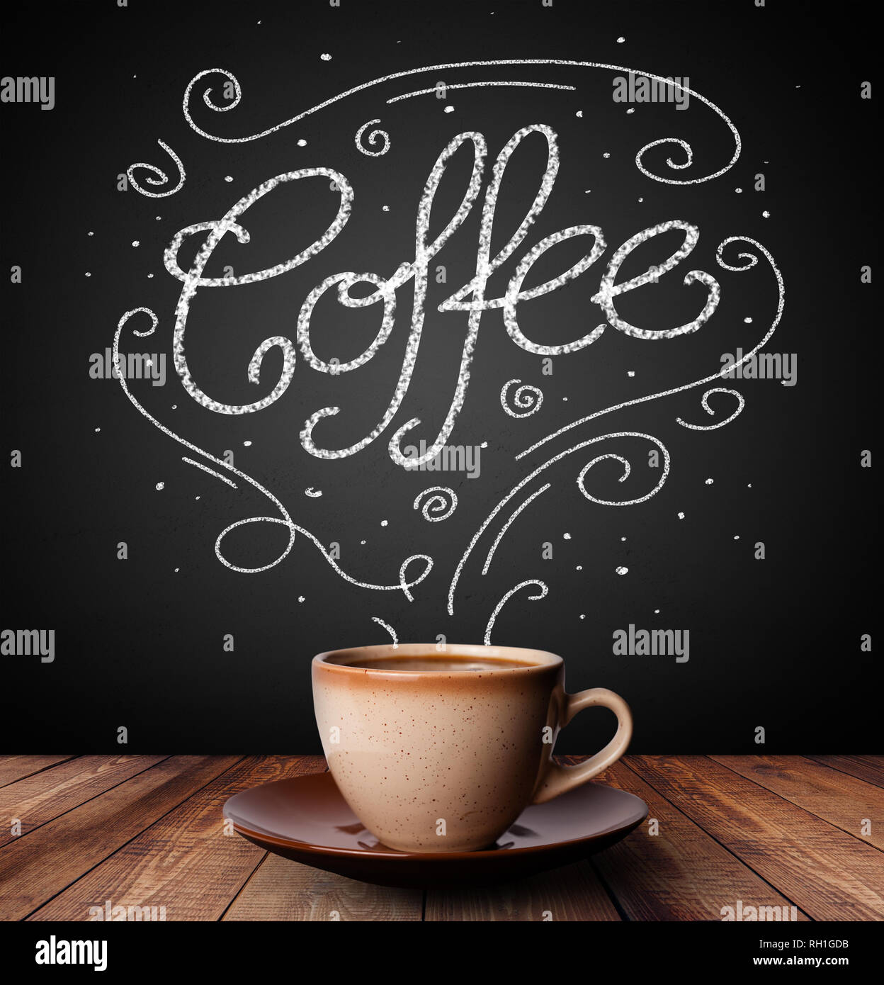 Steaming cup of coffee with white doodle line art and coffee ...