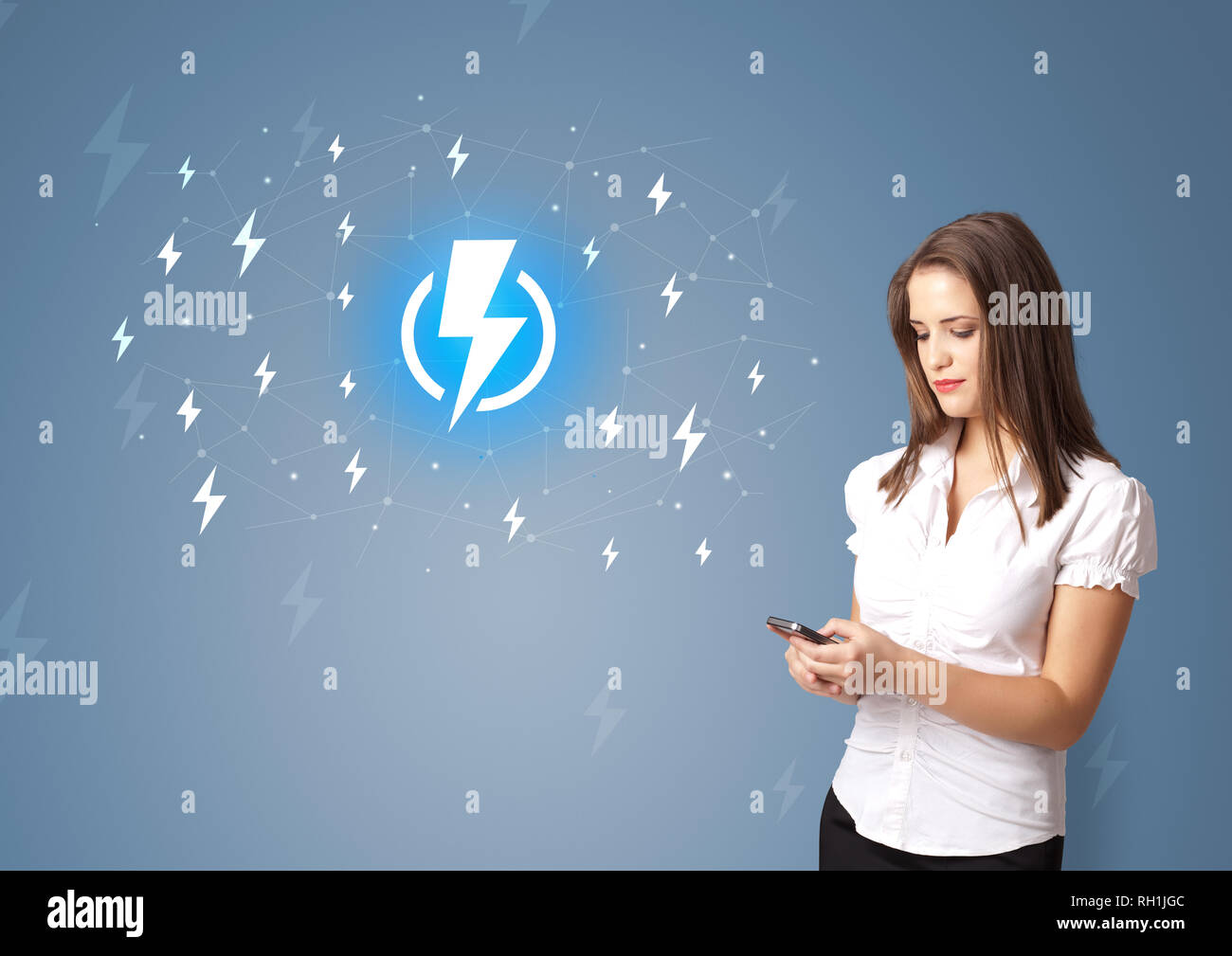 Young smiling person presenting battery life concept Stock Photo - Alamy