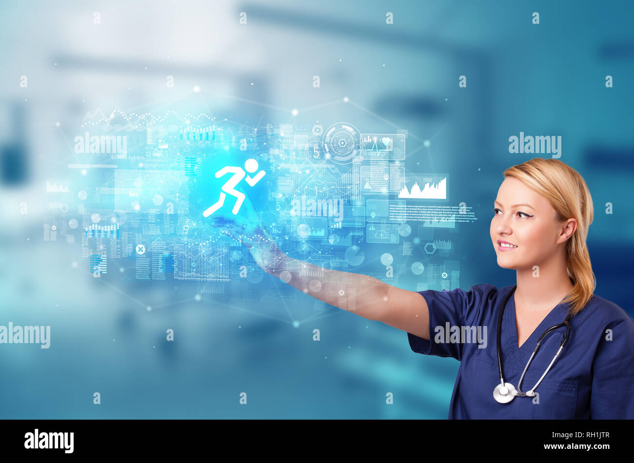 Doctor touching hologram screen displaying healthcare running symbols ...