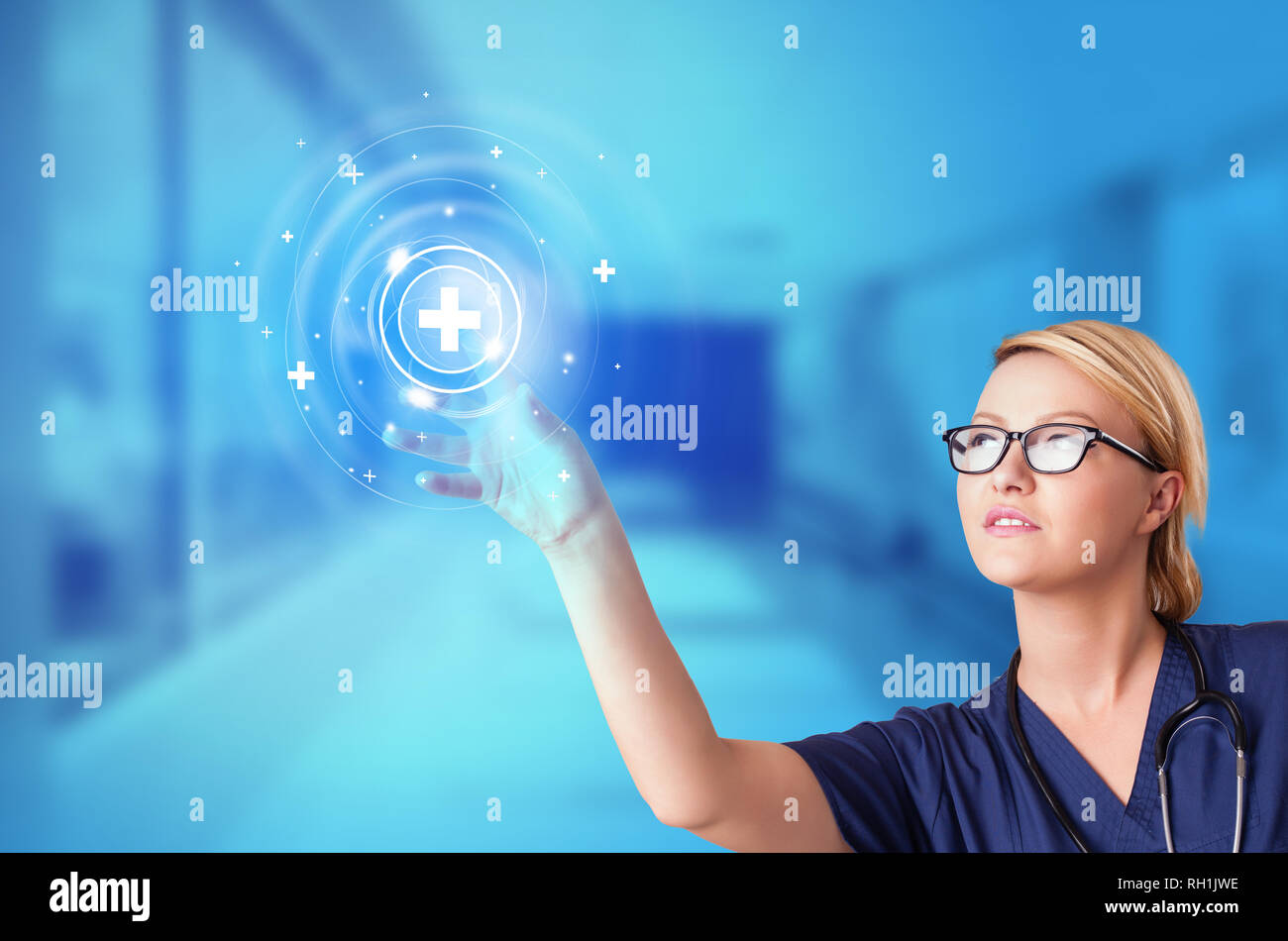 Doctor touching blue screen with call center concept Stock Photo - Alamy