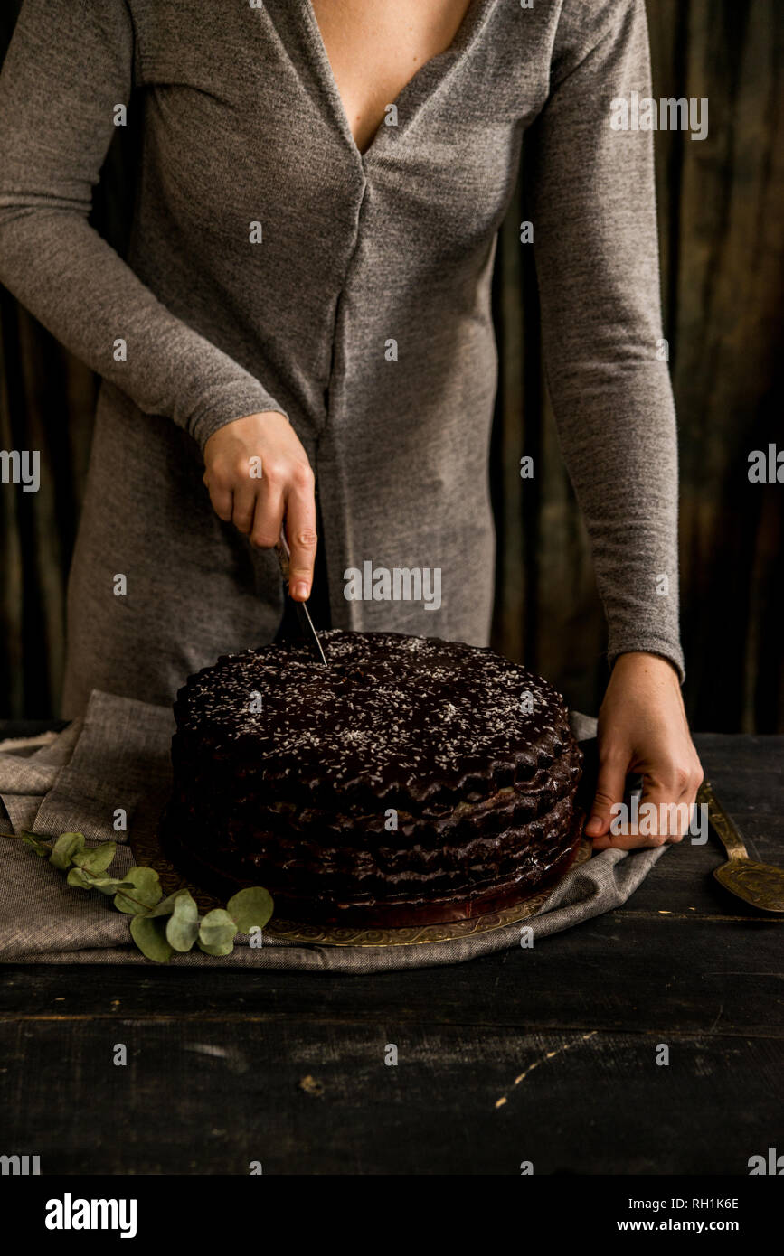 Woman knife cuts cake hi-res stock photography and images - Alamy