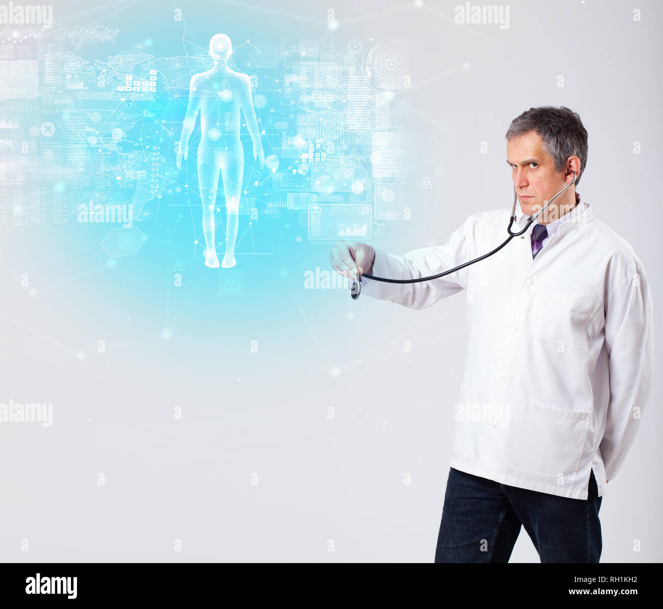 Middle aged scientist with full body map concept Stock Photo - Alamy