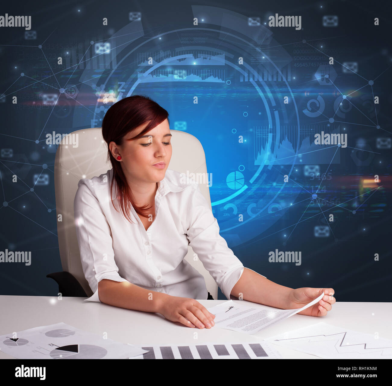 Manager in front of the office desk with connections and teamwork ...