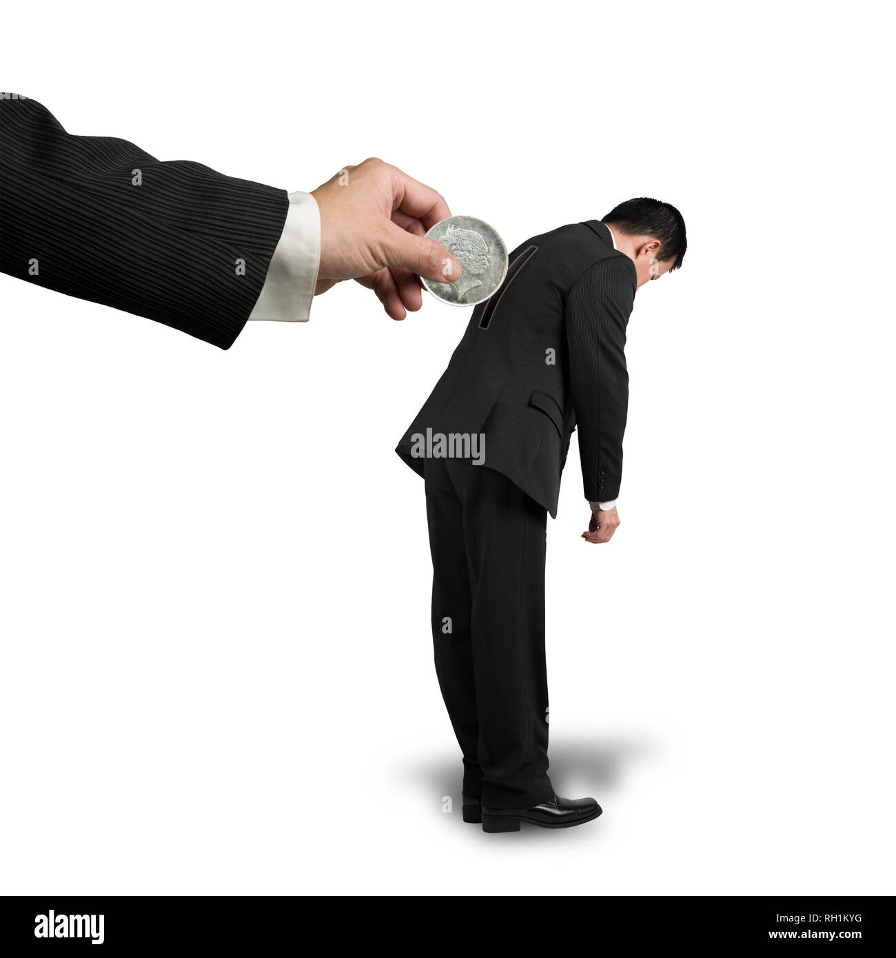 Big hand holding coin into businessman's back, isolated on white ...
