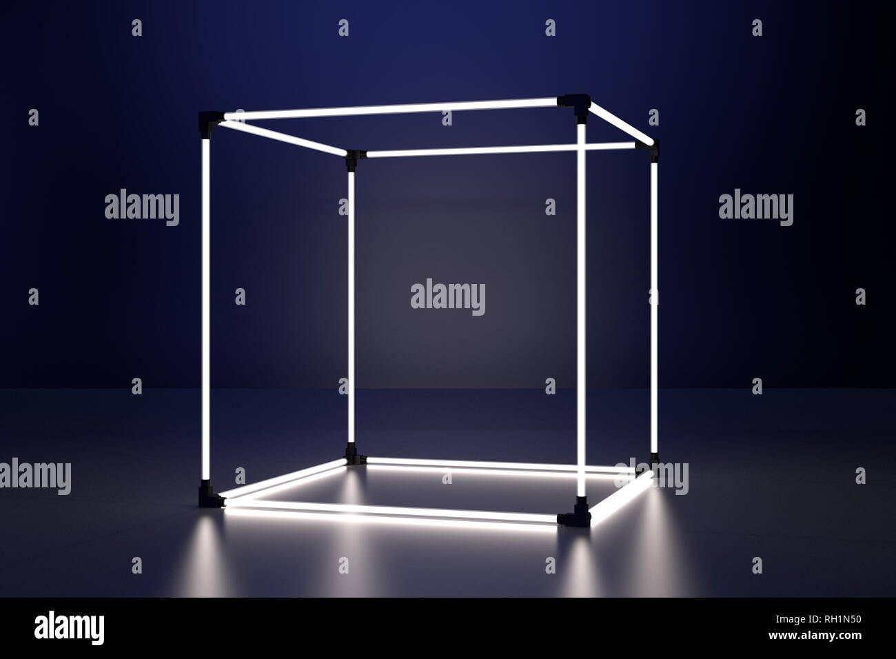 Neon glowing cube in interior room. Empty Showcase display. 3d ...
