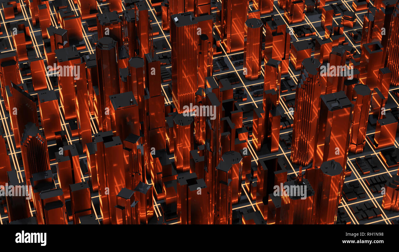 Abstract 3d city rendering with glow lines road and digital elements ...