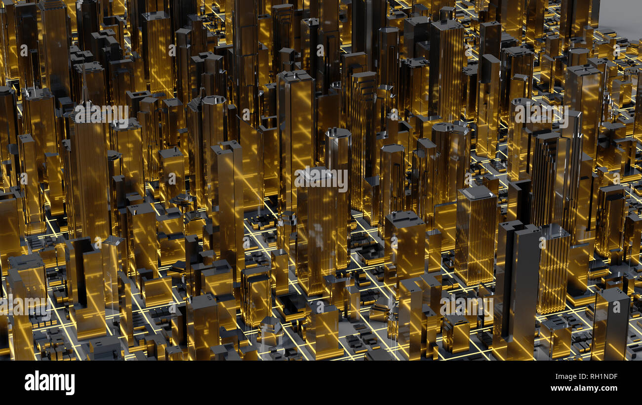 Digital 3d rendering city. Light trails symbolise data travelling in ...