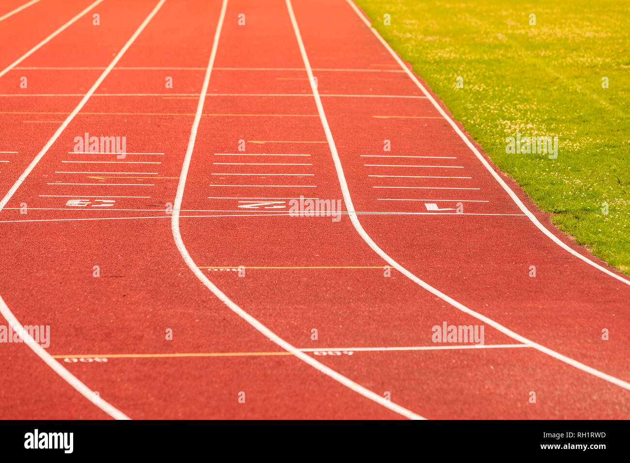 Empty red running track in stadium closeup Stock Photo - Alamy