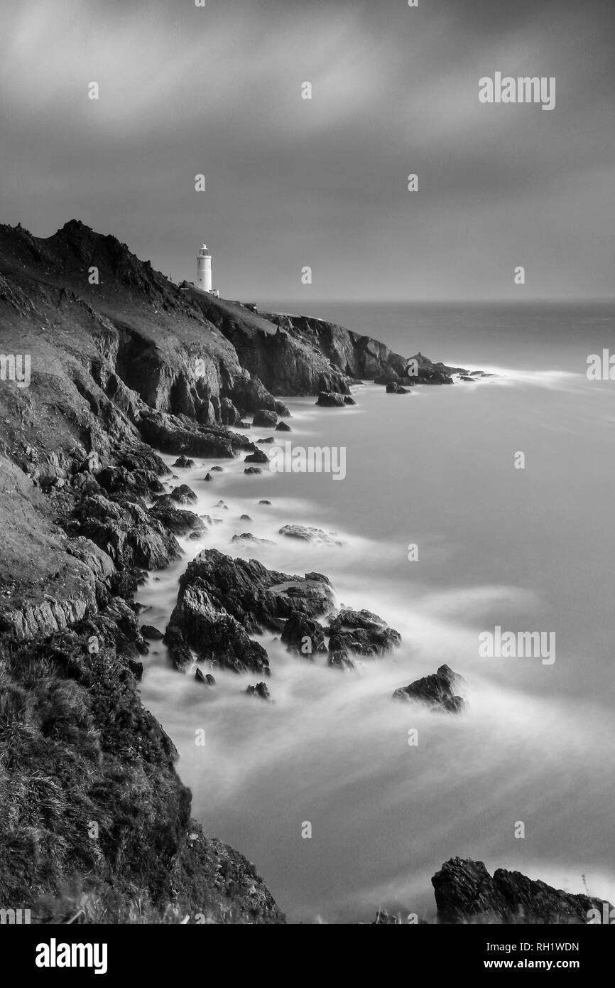 Start Point Lighthouse in Devon. Black and white slow exposure ...