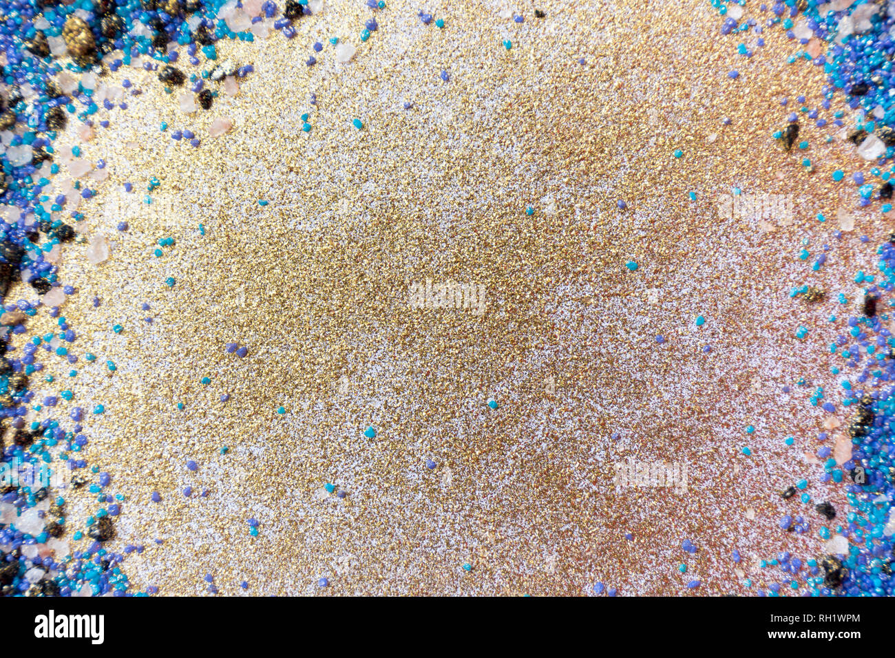 Colorful sand frame. Marble style background. Blue and gold powder ...