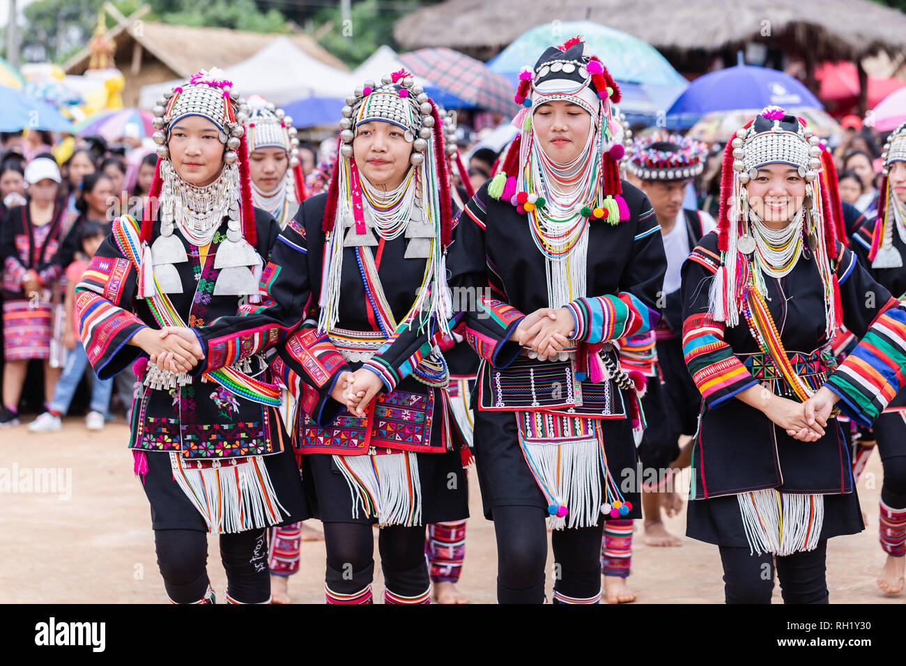 Akha Hill tribe minority traditional dancing on Akha Swing Festival ...