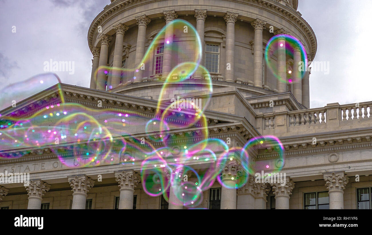 Iridescent bubble and the iconic building in Utah Stock Photo - Alamy
