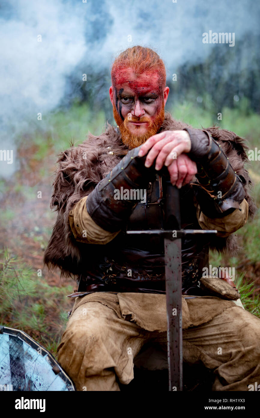 Bloody real viking with his sword in the countryside Stock Photo - Alamy