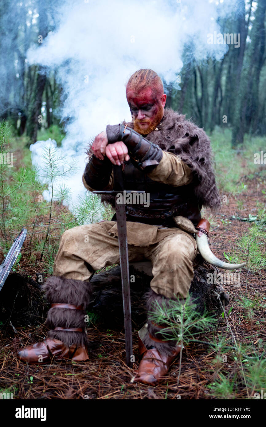 Bloody real viking with his sword in the countryside Stock Photo - Alamy