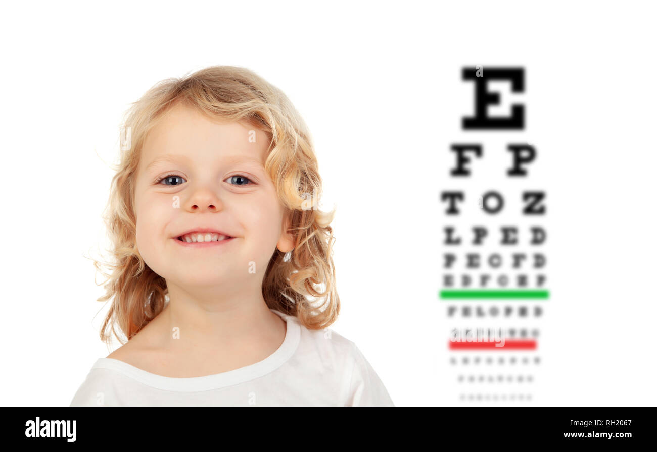 Child with a vision exam chart isolated on a white background Stock ...