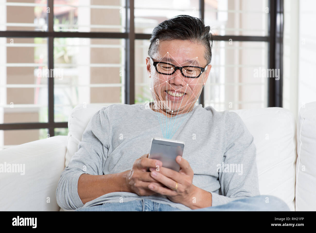 Biometric verification. Human facial detection with smartphone, high ...