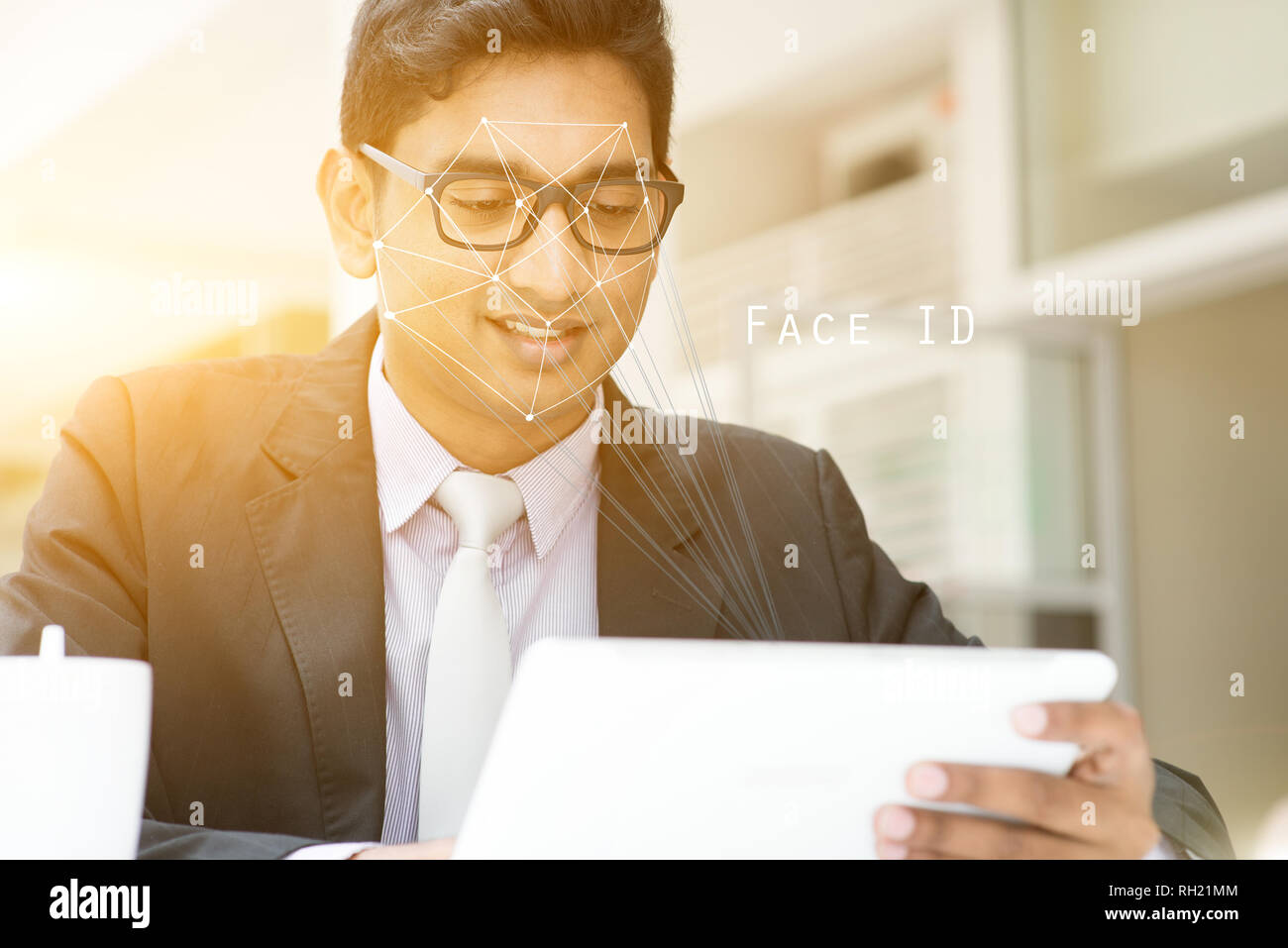 Biometric verification. Human facial detection with software, high ...