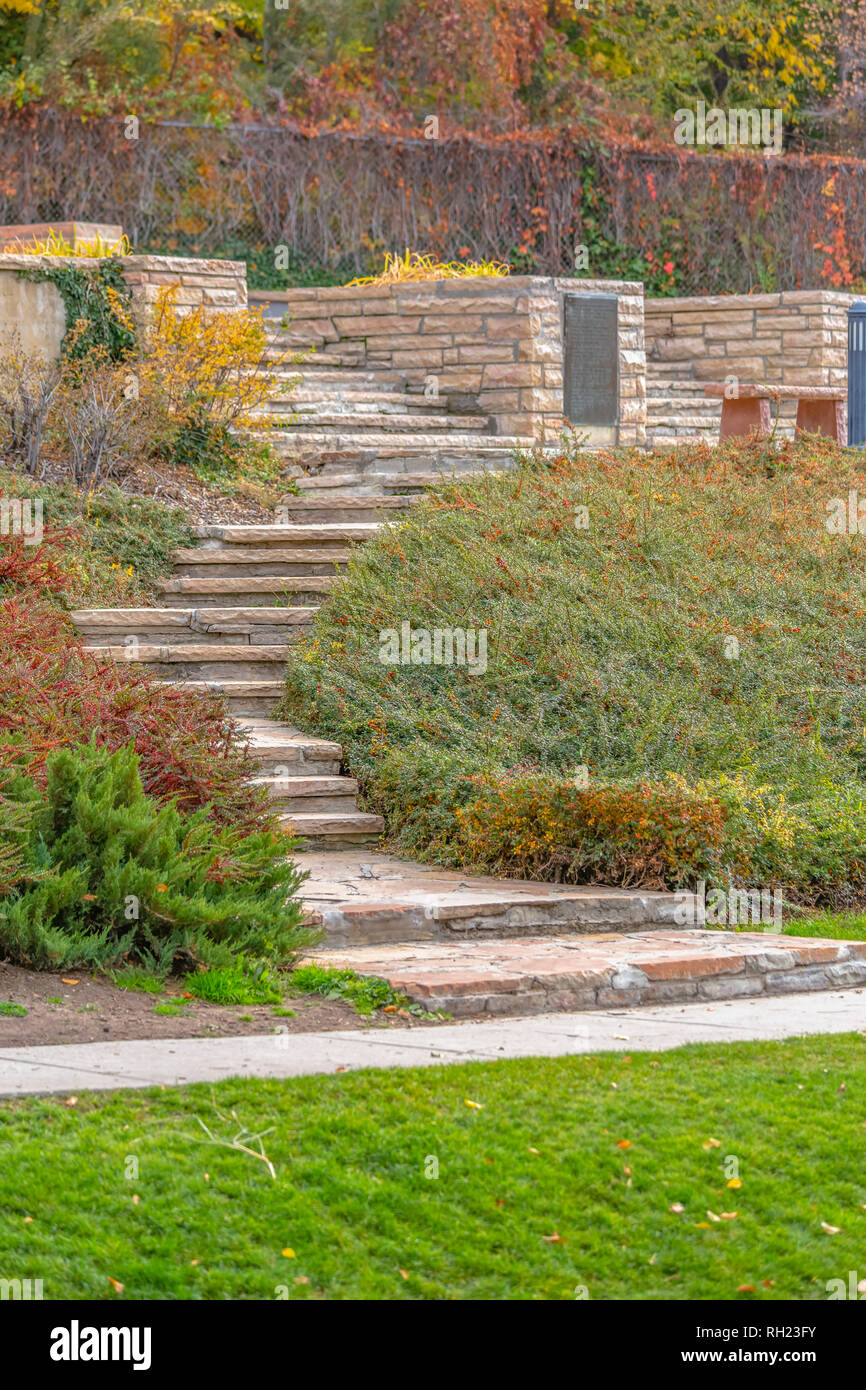 Outdoor landscaping with stairs bench and lawn Stock Photo - Alamy