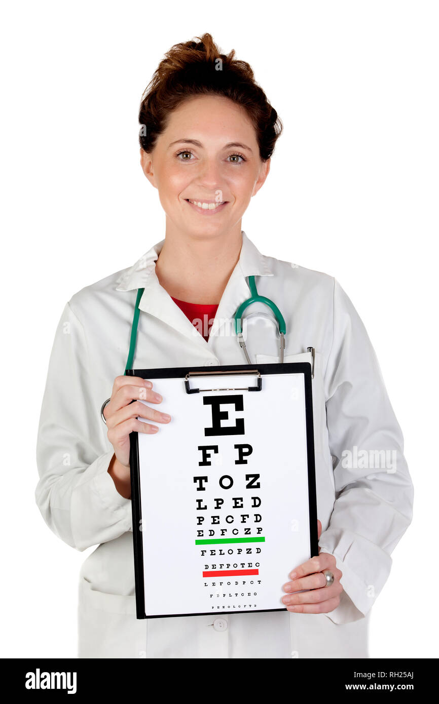 Oculist woman with a vision exam chart isolated on a white background ...