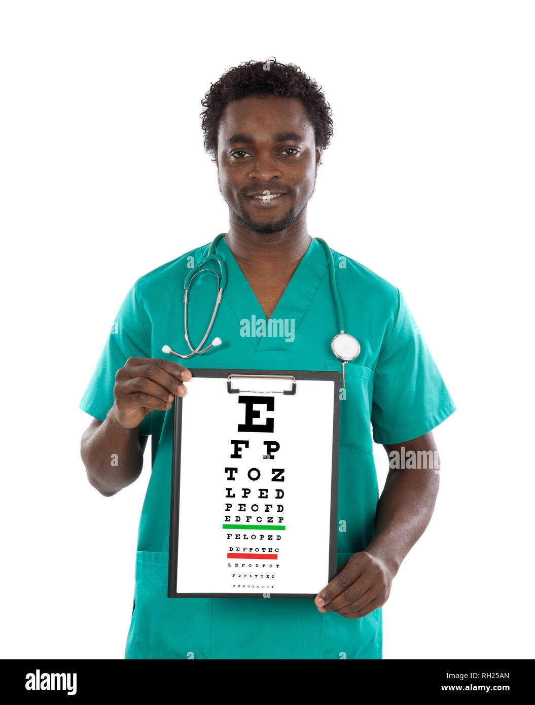 Oculist man with a vision exam chart isolated on a white background ...