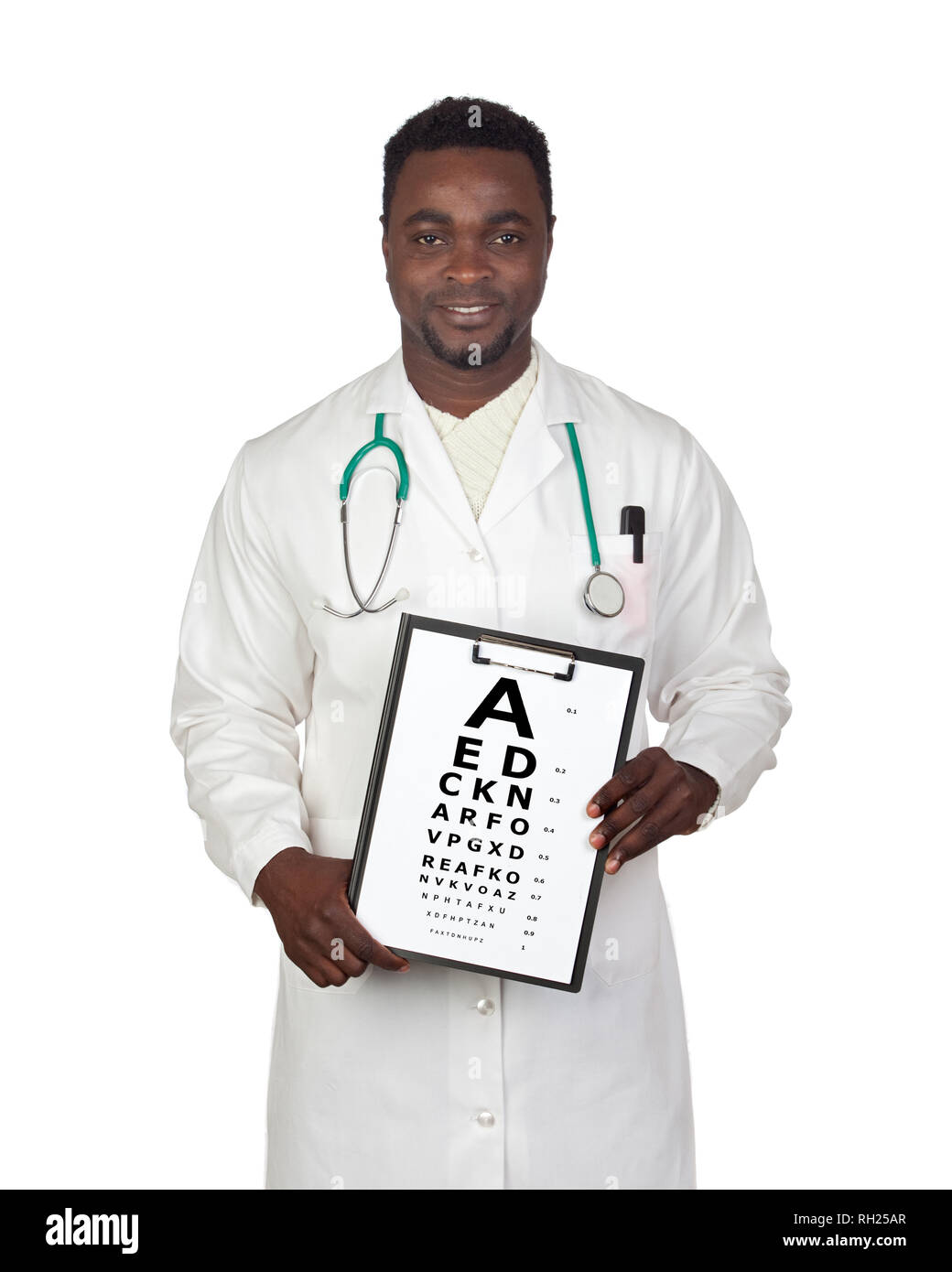 Oculist man with a vision exam chart isolated on a white background ...
