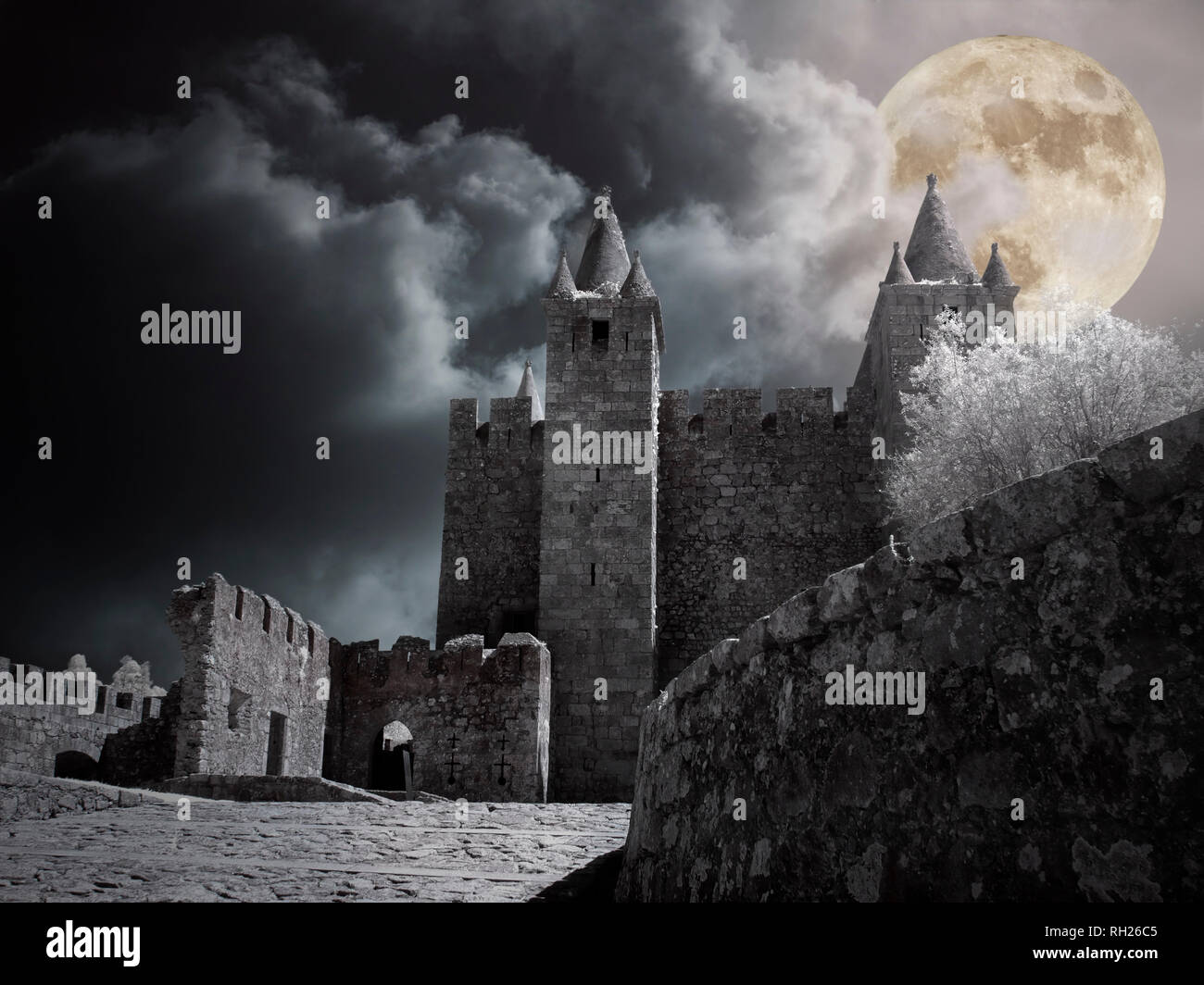 Mysterious medieval castle in a cloudy full moon night Stock Photo - Alamy