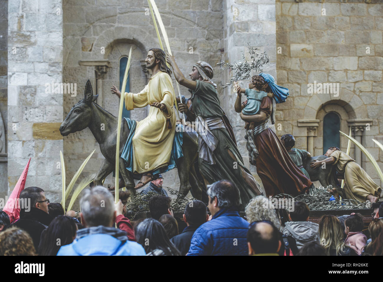 Jesus Christ riding on a donkey on palm sunday (easter week). Typical ...