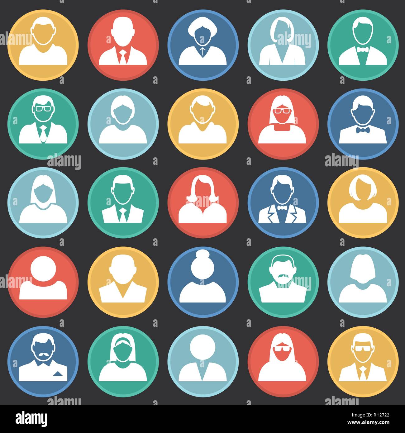 Profile icons set on color circles black background for graphic and web ...