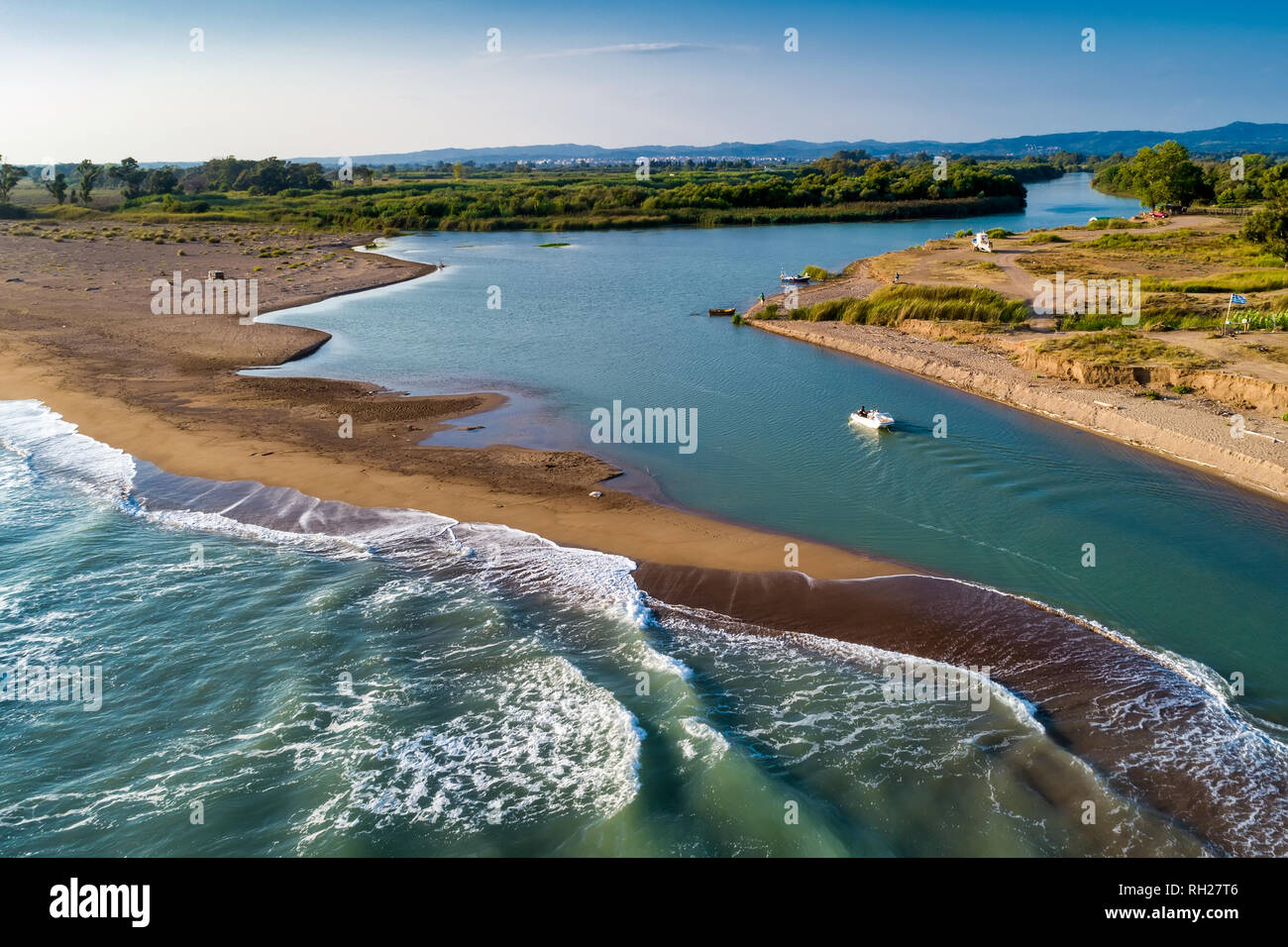 Aerial view of the delta of the river Alpheios in the Peloponnese, in ...