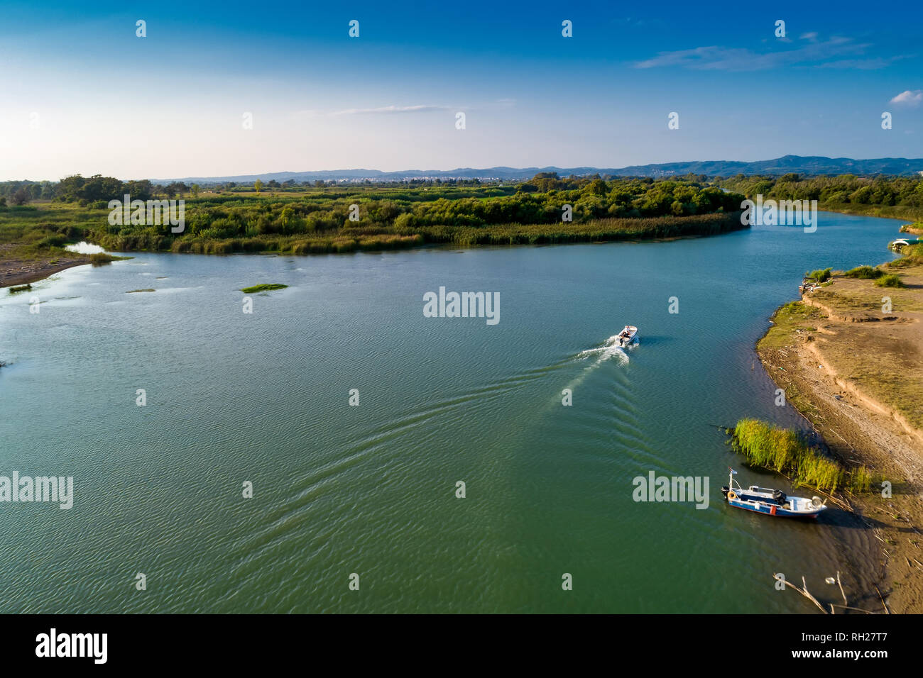 Aerial view of the delta of the river Alpheios in the Peloponnese, in ...
