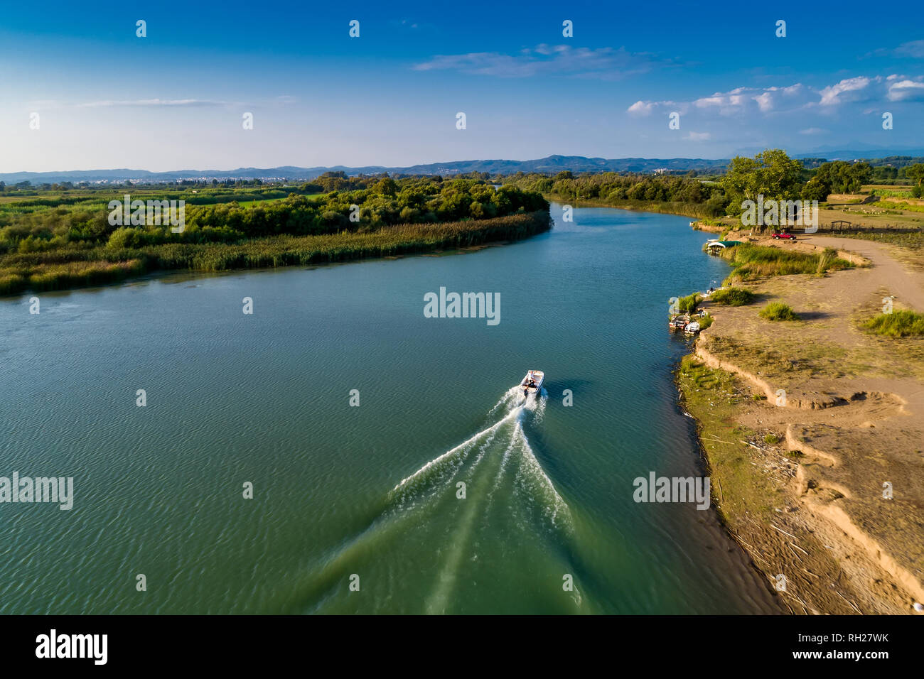 Aerial view of the delta of the river Alpheios in the Peloponnese, in ...