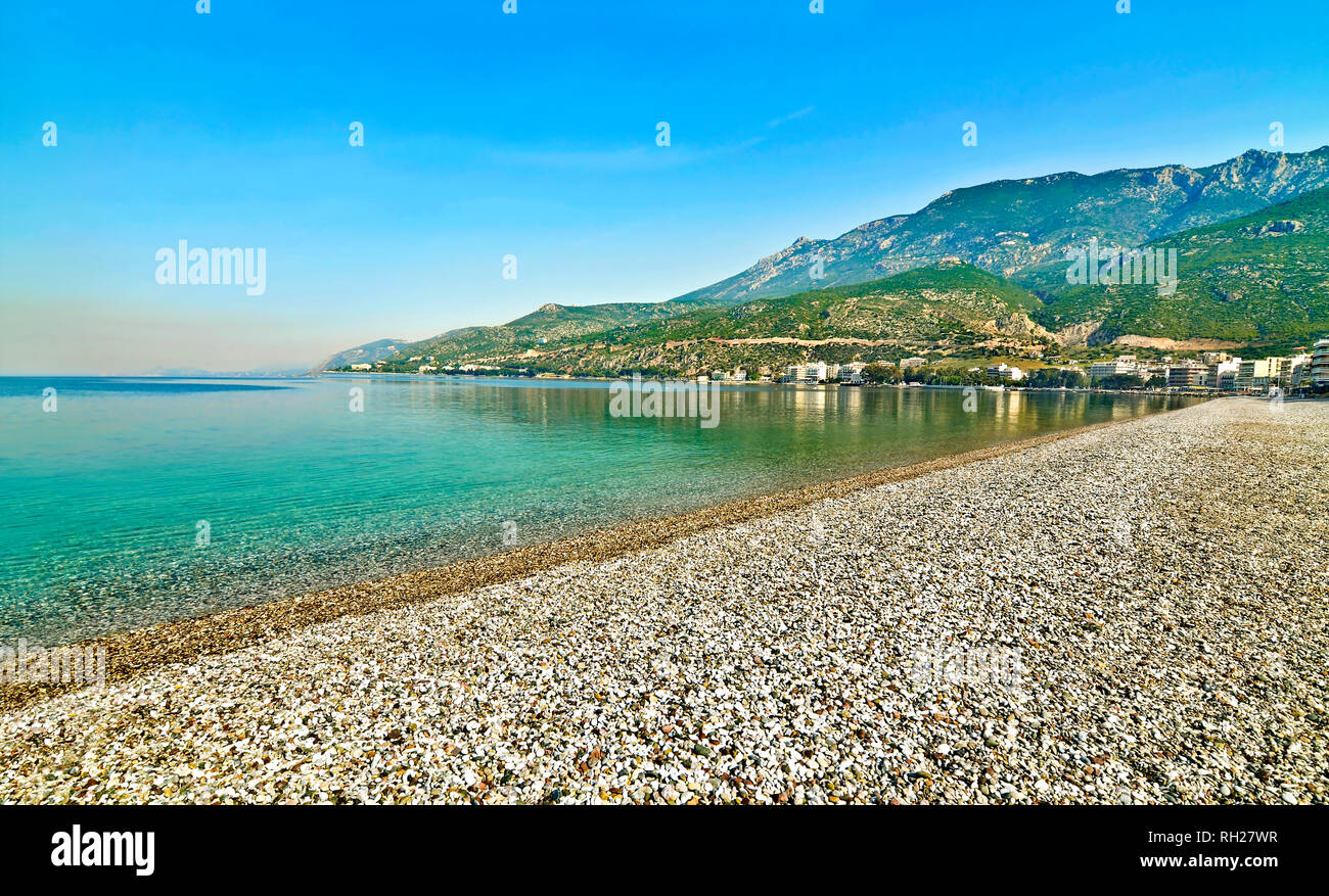 landscape of Loutraki beach Greece - famous greek destination Stock ...
