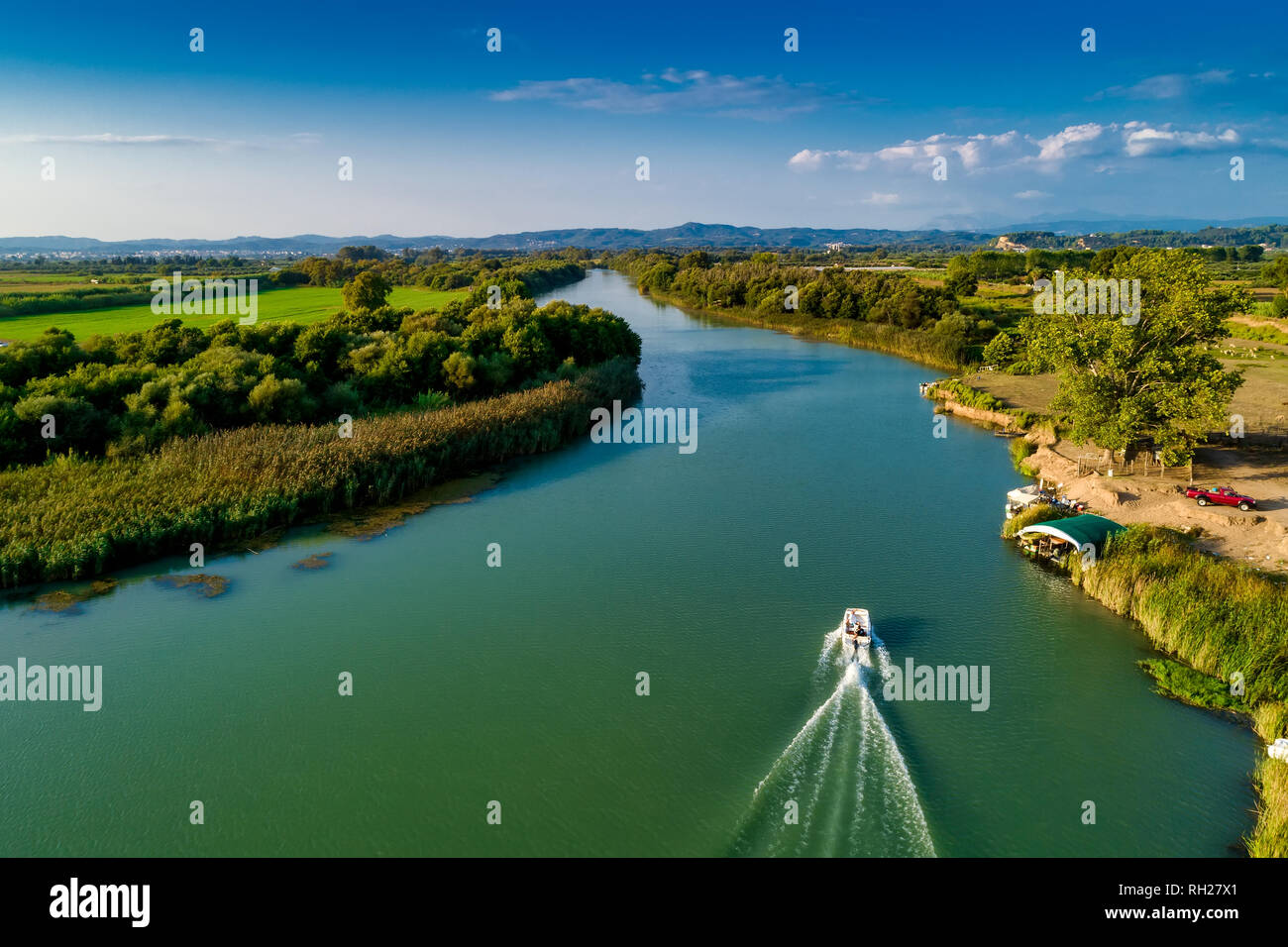 Aerial view of the delta of the river Alpheios in the Peloponnese, in ...