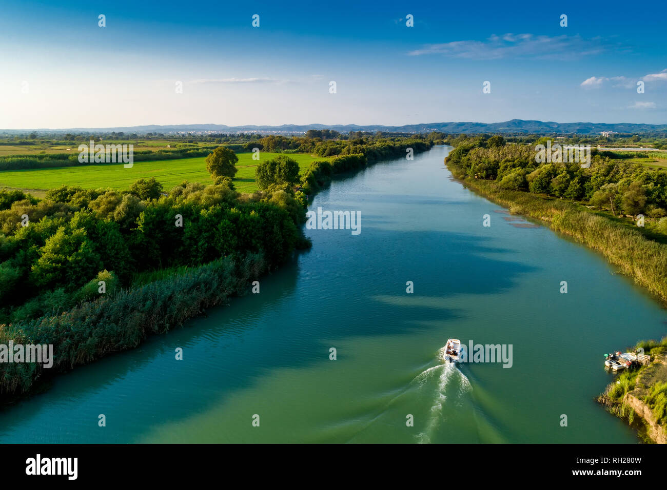 Aerial view of the delta of the river Alpheios in the Peloponnese, in ...
