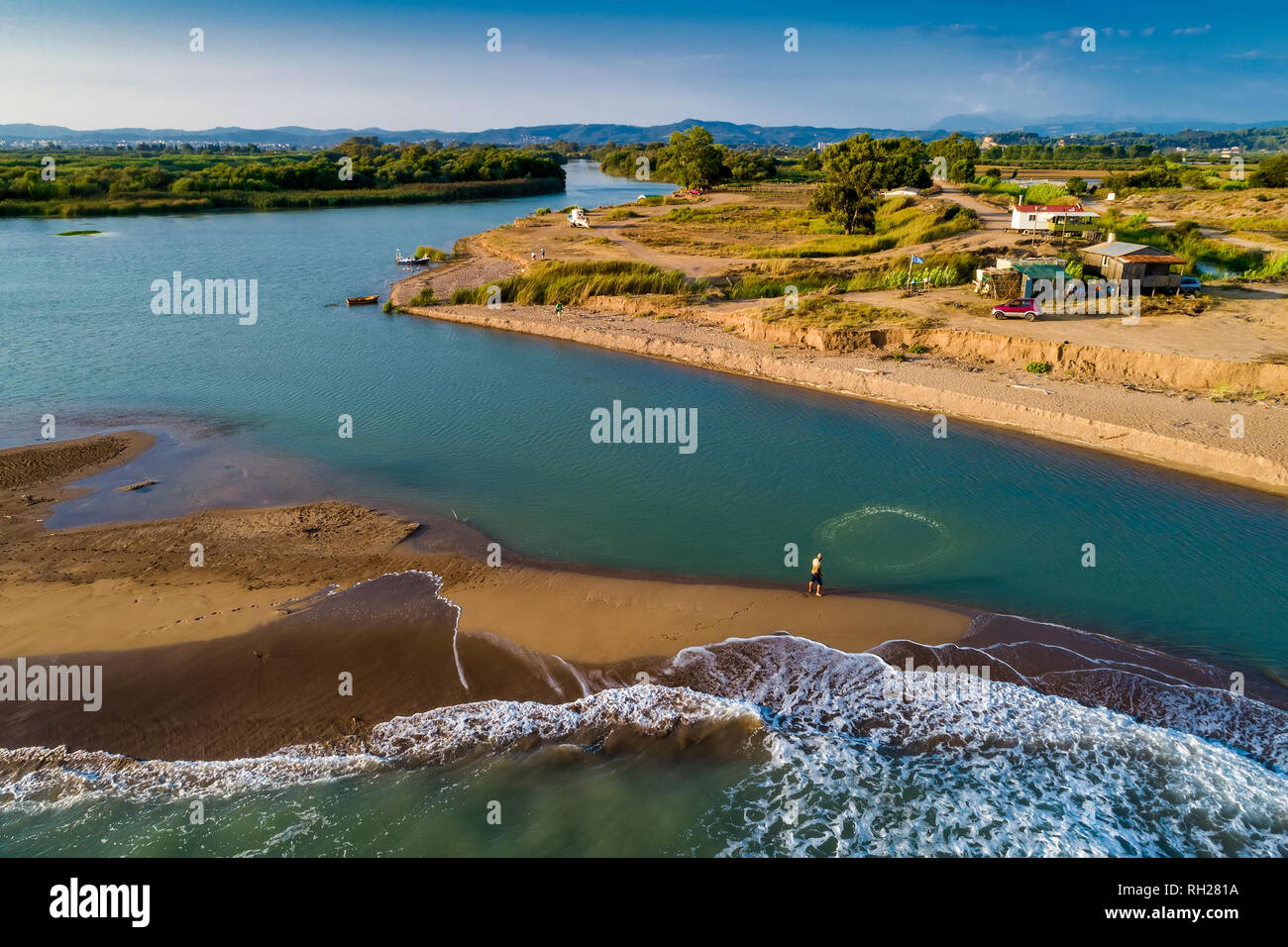 Aerial view of the delta of the river Alpheios in the Peloponnese, in ...