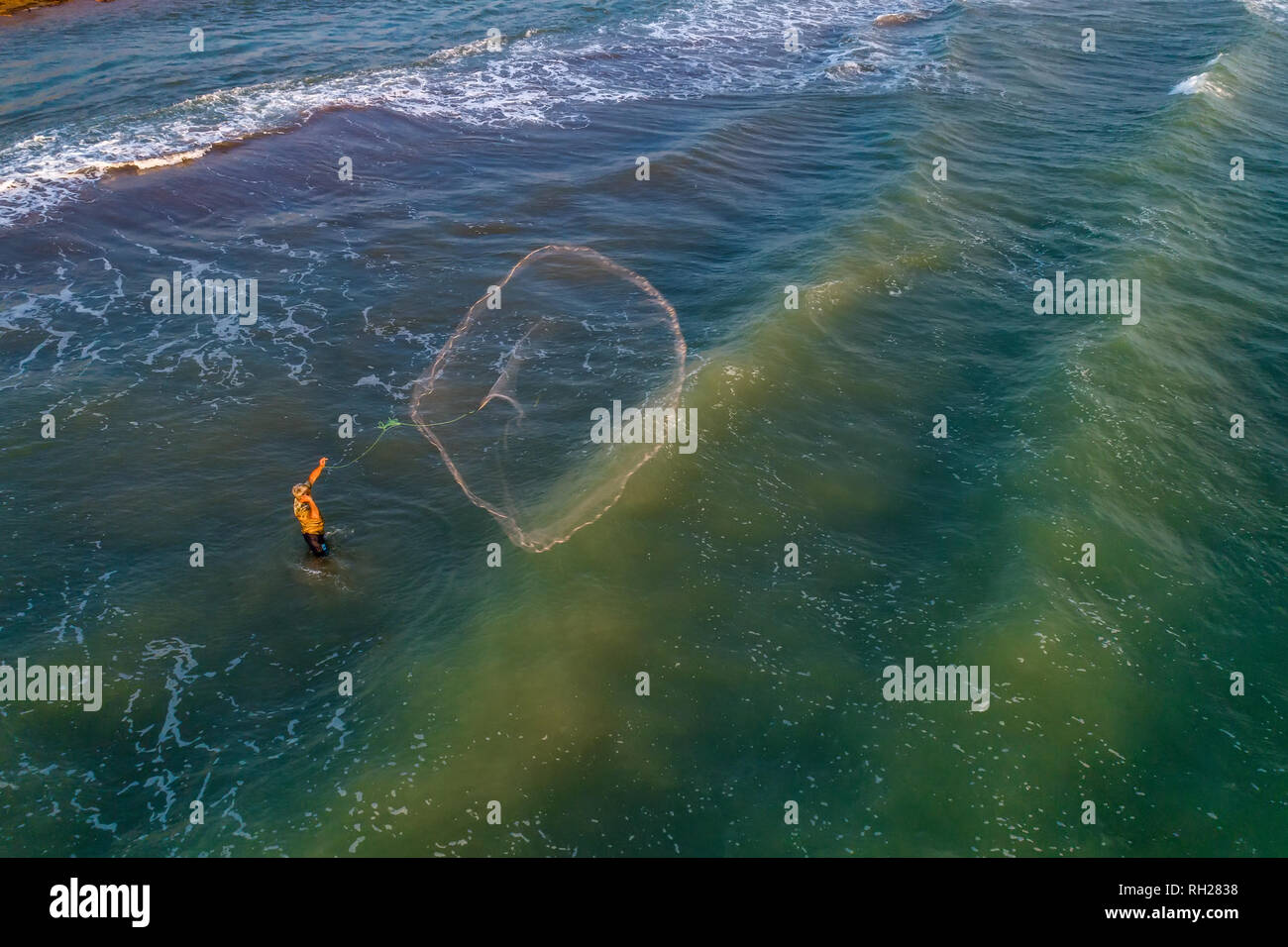 Aerial view of the fisherman in the delta of the river Alpheios in the ...