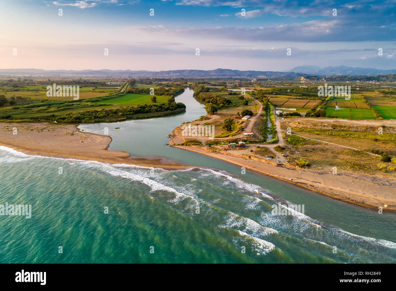 Aerial view of the delta of the river Alpheios in the Peloponnese, in ...