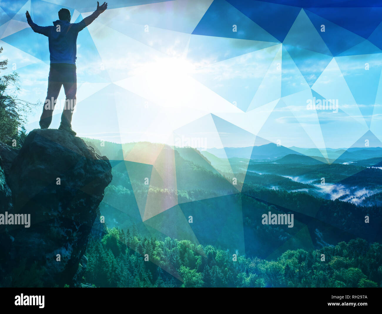 Abstract, over filtered. Hiker in outdoor windbreaker jacket enjoys the ...