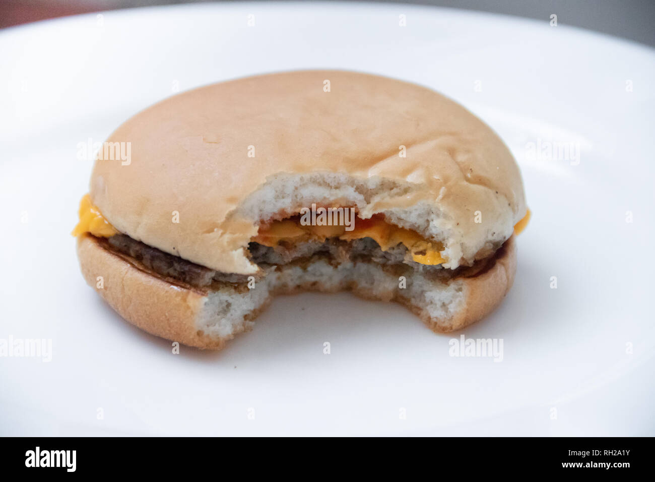 Burger bitten off. Improper diet leads to obesity. Lots of cholesterol ...