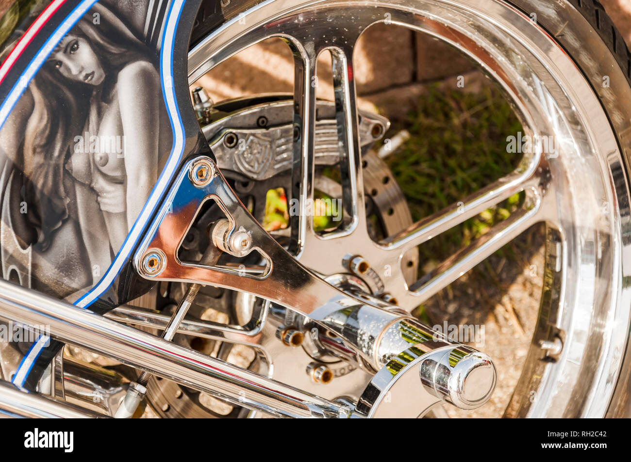 OLD ORCHARD BEACH, ME - AUGUST 19: Harley Davidson Old motorcycle wheel ...