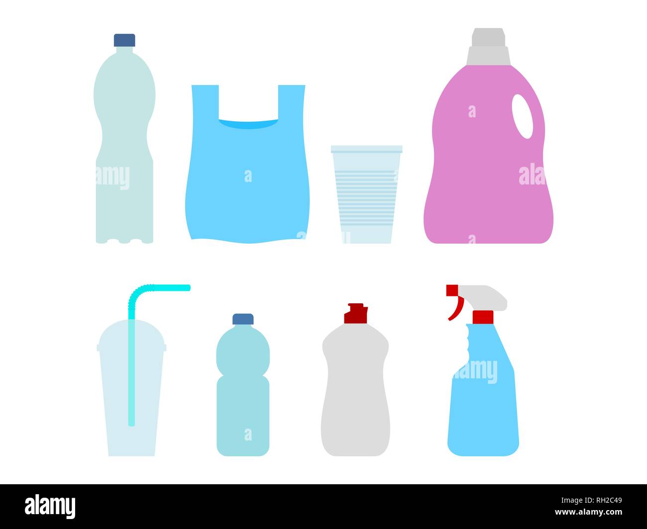 Plastic waste suitable for recycling. Set of different plastic items ...