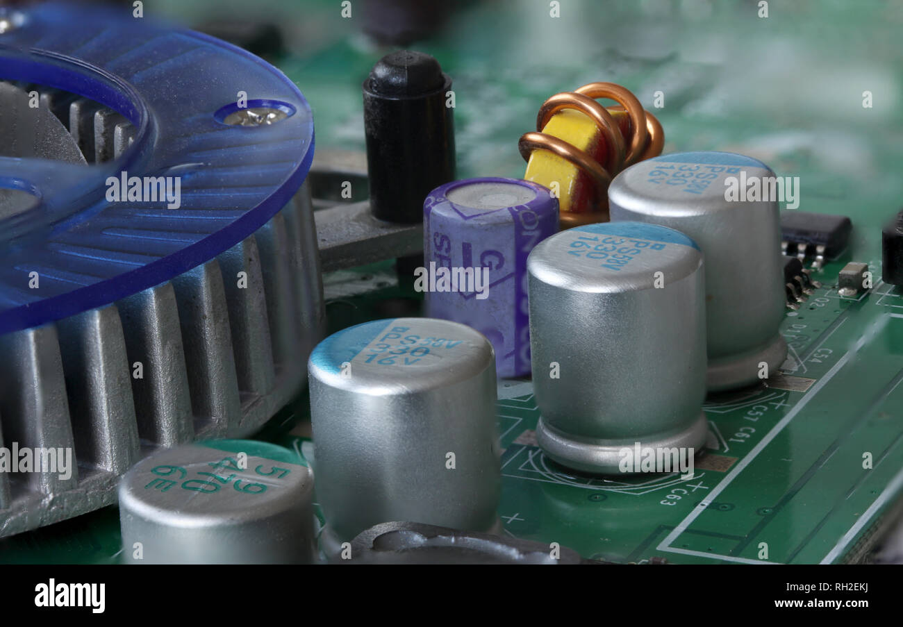 Detail of the circuits, cables and boards inside a cpu from a pc ...