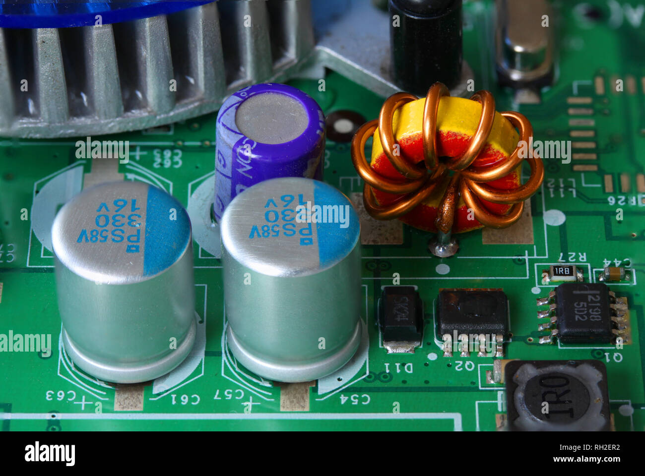 Detail of the circuits, cables and boards inside a cpu from a pc ...