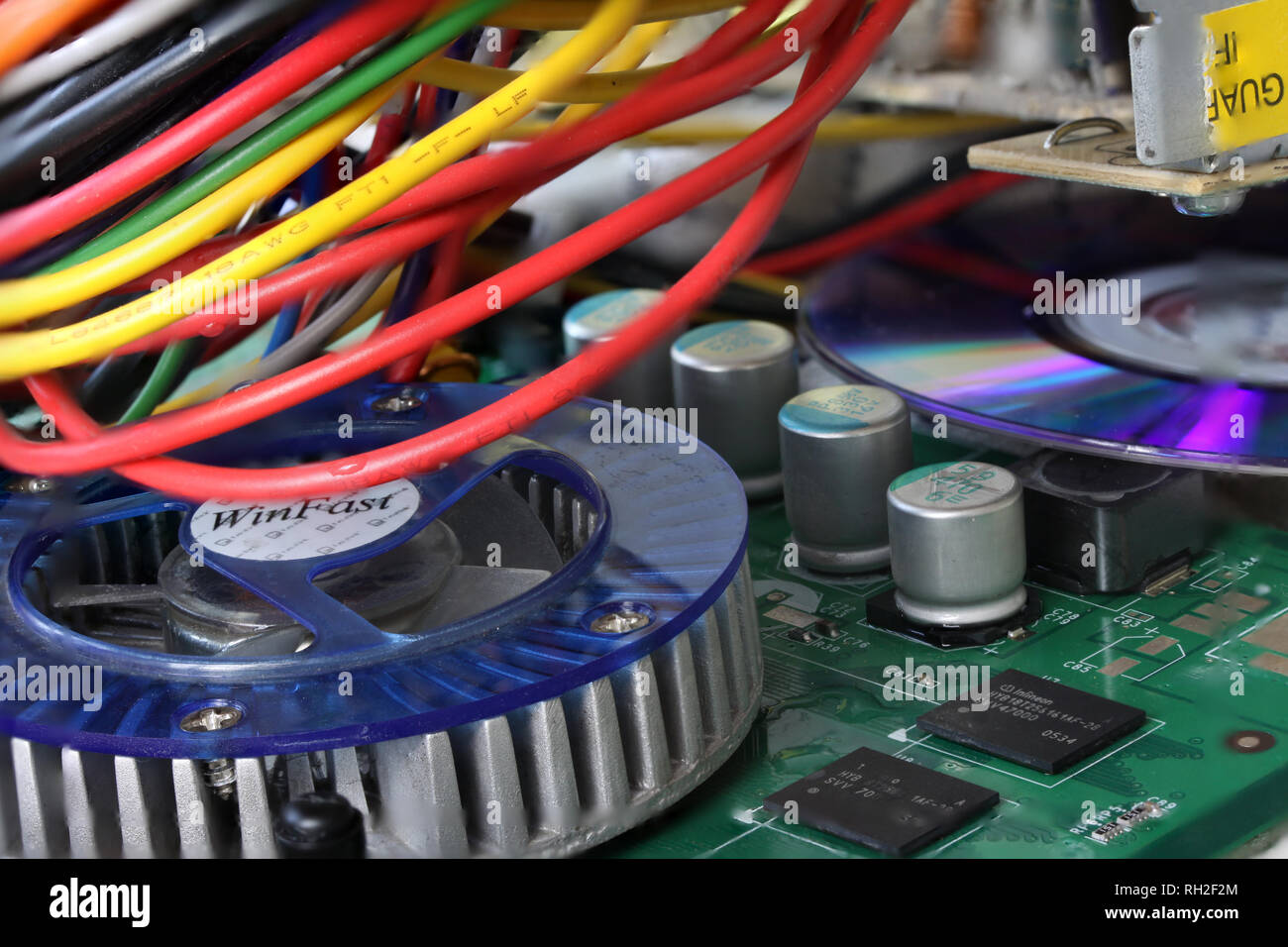 Detail of the circuits, cables and boards inside a cpu from a pc ...