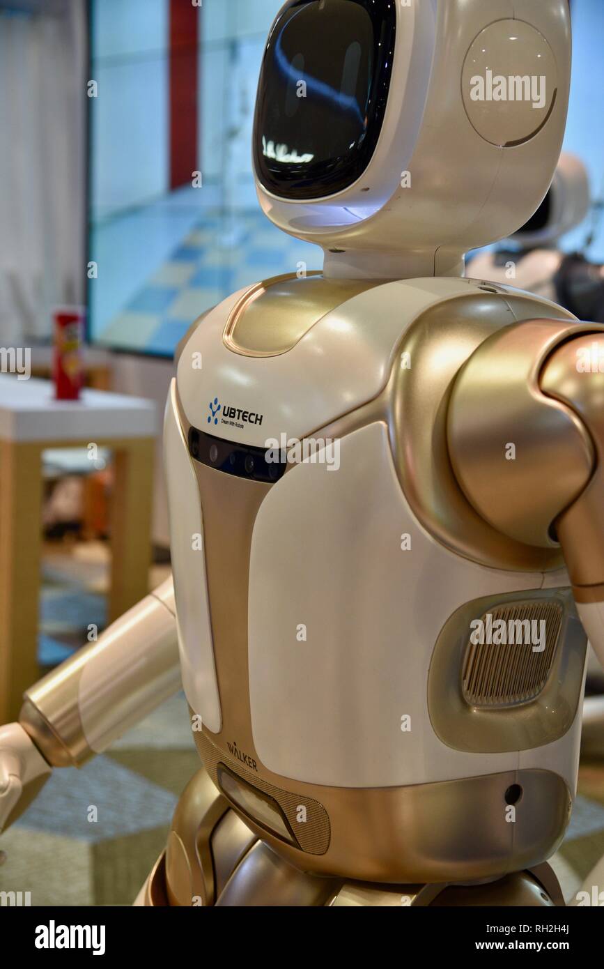 Ubtech's humanoid robot, Walker, demonstrates robotic skills at exhibit ...