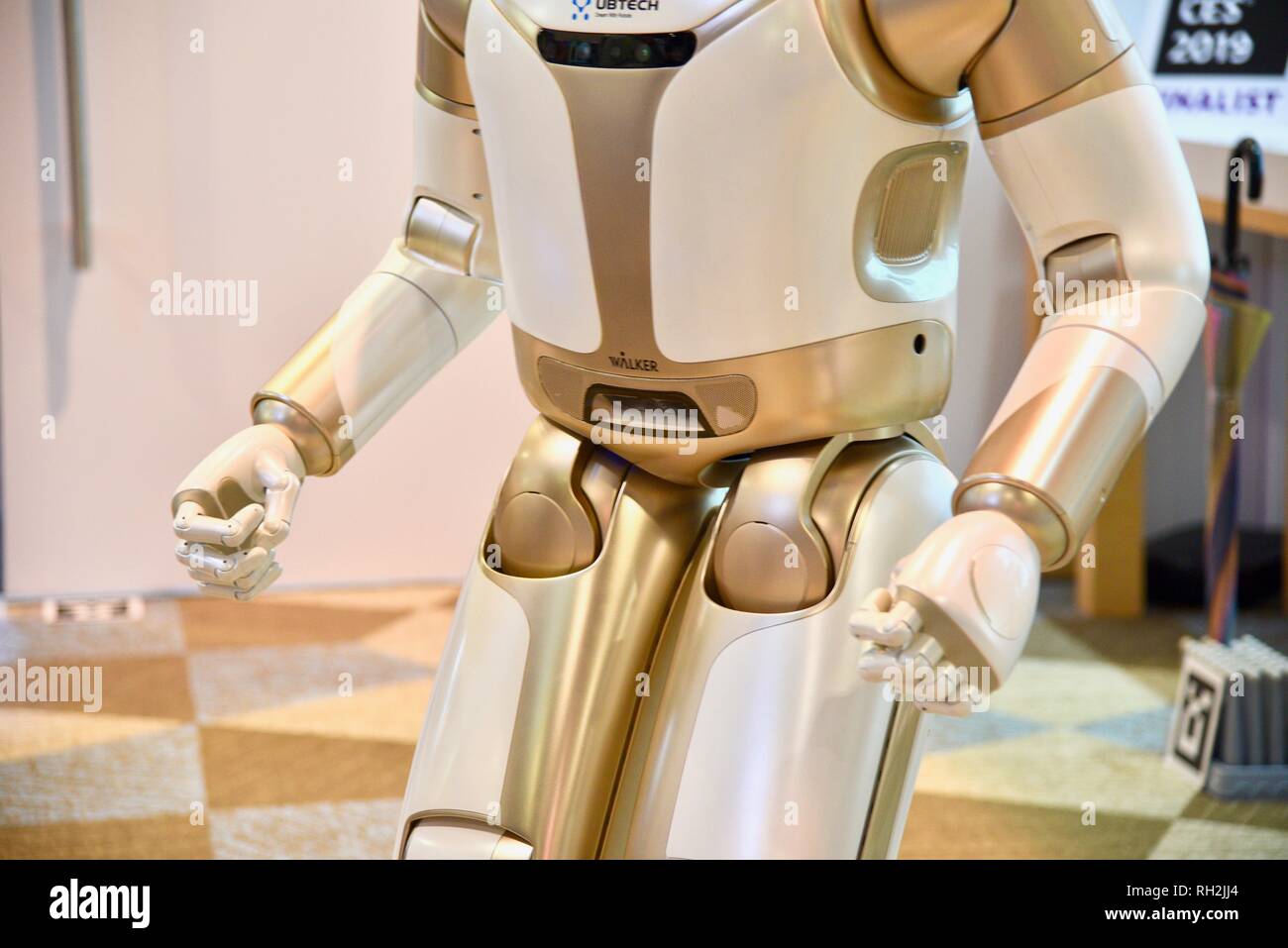 Ubtech's humanoid robot, Walker, demonstrates robotic skills at exhibit ...