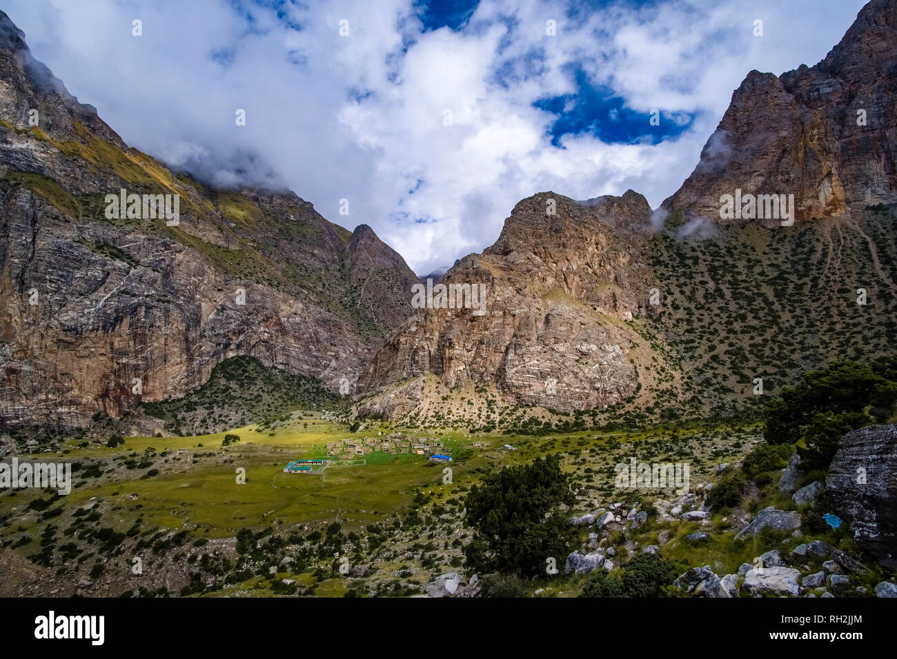 The Naar Khola valley with the small village Kyang and agricultural ...