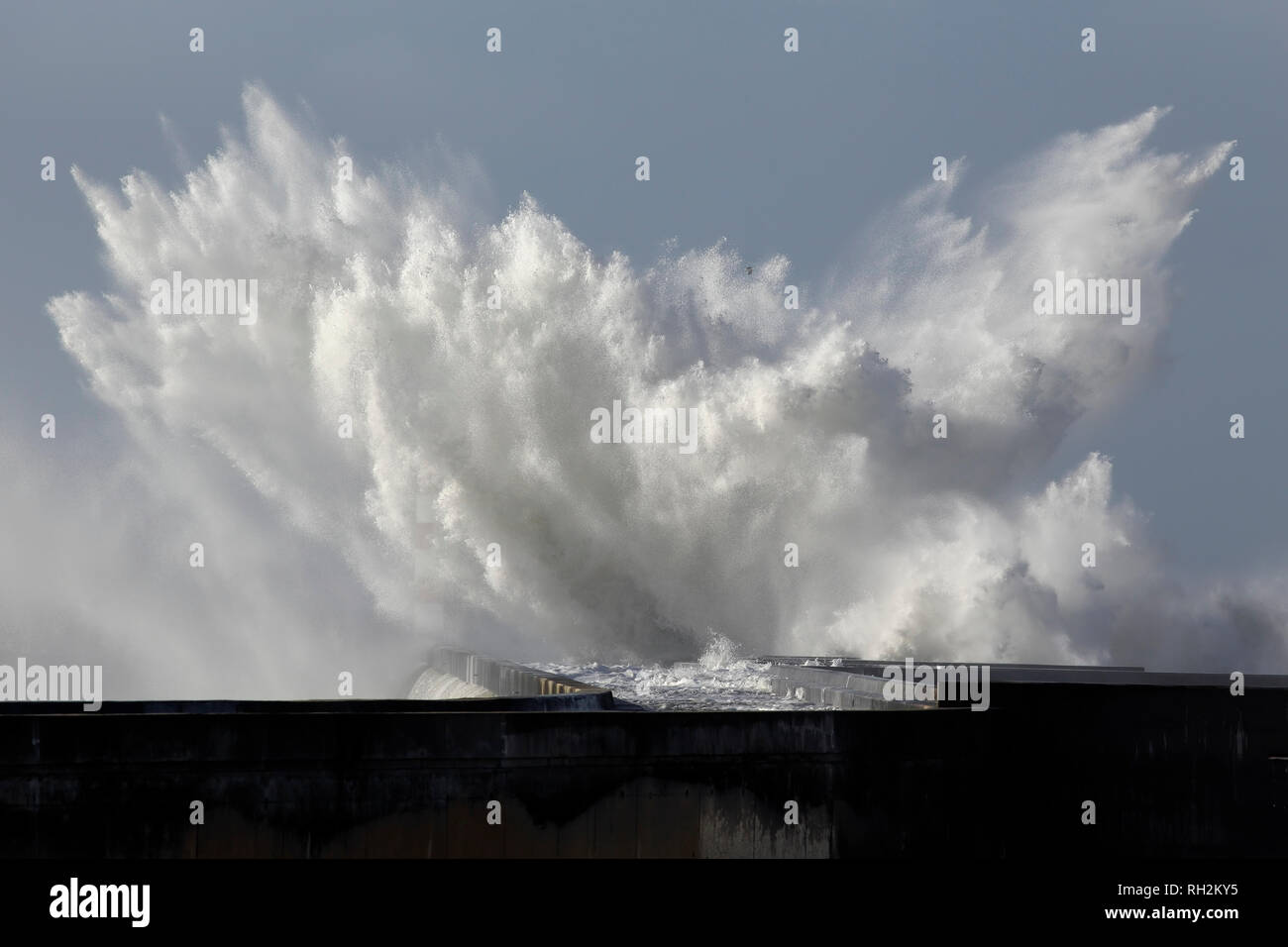 Huge sea wave splash in a stormy but clear day Stock Photo - Alamy